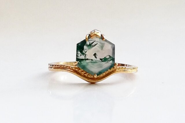 K18 まるで絵画のような moss agate hexagon ring | iichi 日々の暮らしを心地よくするハンドメイドやアンティークのマーケットプレイス
