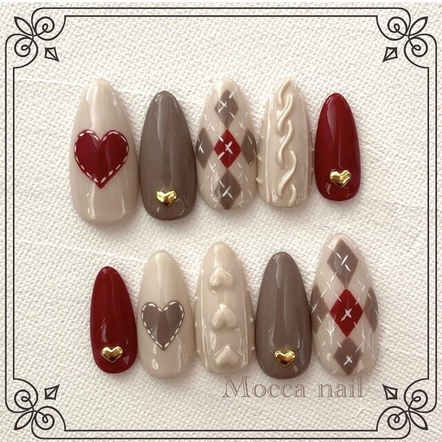 【317】アーガイルニットネイル ハート クリスマス バレンタイン ネイルチップ | iichi 日々の暮らしを心地よくするハンドメイドやアンティークのマーケットプレイス