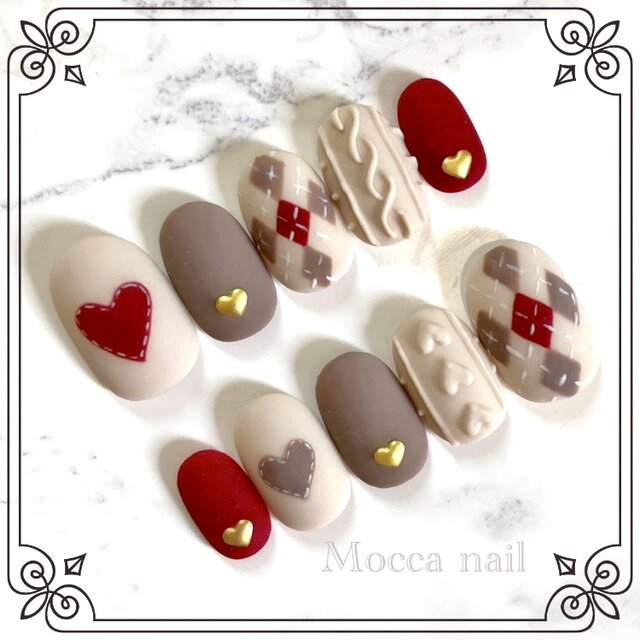 【317】アーガイルニットネイル ハート クリスマス バレンタイン ネイルチップ | iichi 日々の暮らしを心地よくするハンドメイドやアンティークのマーケットプレイス