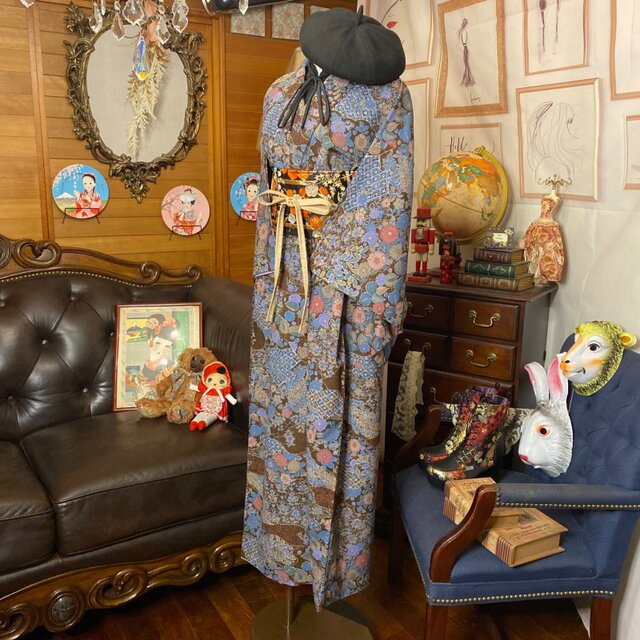 和洋折衷 レトロ 古着 洗える 着物 化繊 和 モダン ハンドメイド リメイク ロング ワンピース ドレス 帯ベルト KW-40 | iichi 日々の暮らしを心地よくするハンドメイドや ...