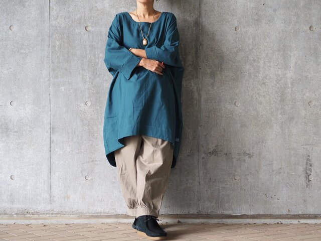 ふわっと起毛コットン、チュニックシャツ/ピーコックグリーン | iichi 日々の暮らしを心地よくするハンドメイドやアンティークのマーケットプレイス