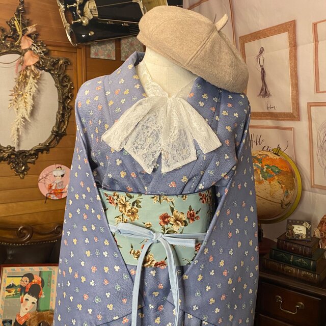 和洋折衷 レトロ 古着 洗える 着物 化繊 和 ハンドメイド リメイク ワンピース ドレス リバーシブル 帯ベルト KW-48 | iichi 日々の暮らしを心地よくするハンドメイドや ...