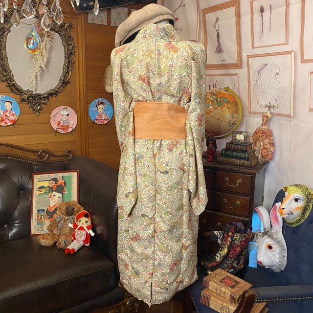 和洋折衷 レトロ 古着 着物 和 モダン ハンドメイド リメイク ワンピース ドレス 帯ベルト KW-51 | iichi 日々の暮らしを心地よくするハンドメイドやアンティークのマーケットプレイス