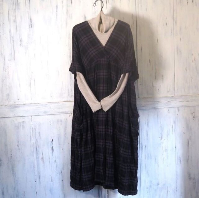 コットンヘリンボーンチェックワンピース | iichi 日々の暮らしを心地よくするハンドメイドやアンティークのマーケットプレイス