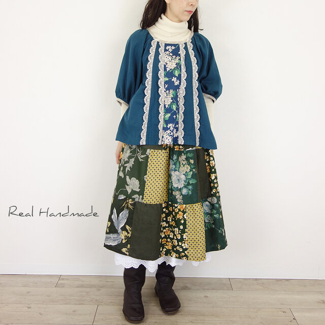 リネンパッチティアードスカート☆KAKI | iichi 日々の暮らしを心地よくするハンドメイドやアンティークのマーケットプレイス