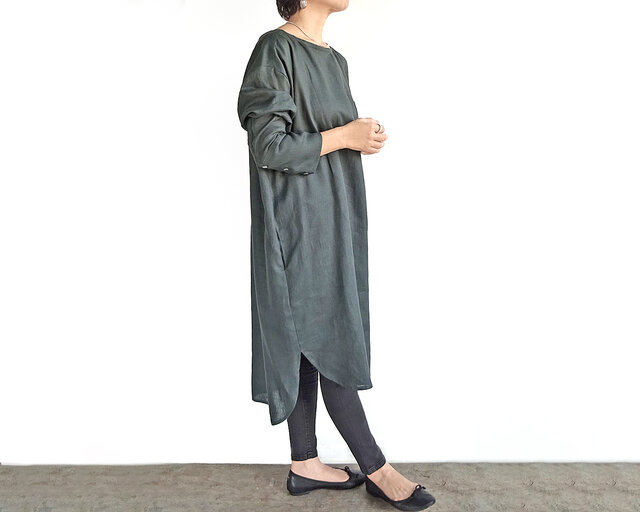 2L リネンロングカフスワンピース（グレー） | iichi 日々の暮らしを心地よくするハンドメイドやアンティークのマーケットプレイス