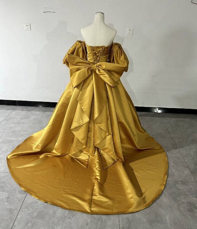 イエロー カラードレス ウエディング ベアトップ 取り外しパフスリーブ 豪華なバックリボン 花嫁/結婚式/披露宴 | iichi 日々の暮らし ...