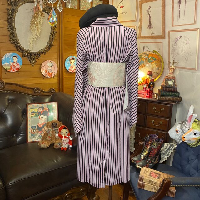 和洋折衷 レトロ 古着 洗える 化繊 着物 和 モダン ハンドメイド リメイク ワンピース ドレス 帯ベルト KW-58 | iichi 日々の暮らしを心地よくするハンドメイドやアンティークの ...