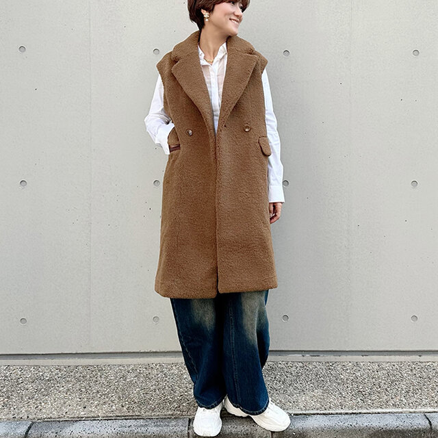 【新作】暖かいモフモフボア ジレ ロングベスト ジャケット ブラウン23024BRF | iichi 日々の暮らしを心地よくするハンドメイドやアンティークのマーケットプレイス