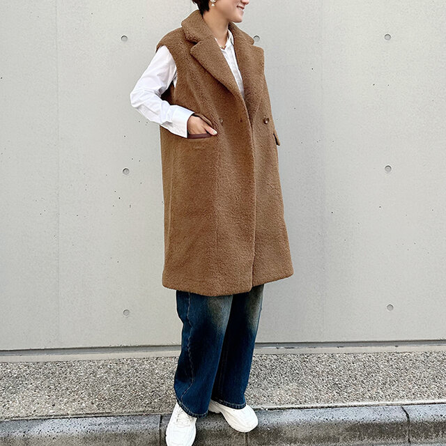 【新作】暖かいモフモフボア ジレ ロングベスト ジャケット ブラウン23024BRF | iichi 日々の暮らしを心地よくするハンドメイドやアンティークのマーケットプレイス