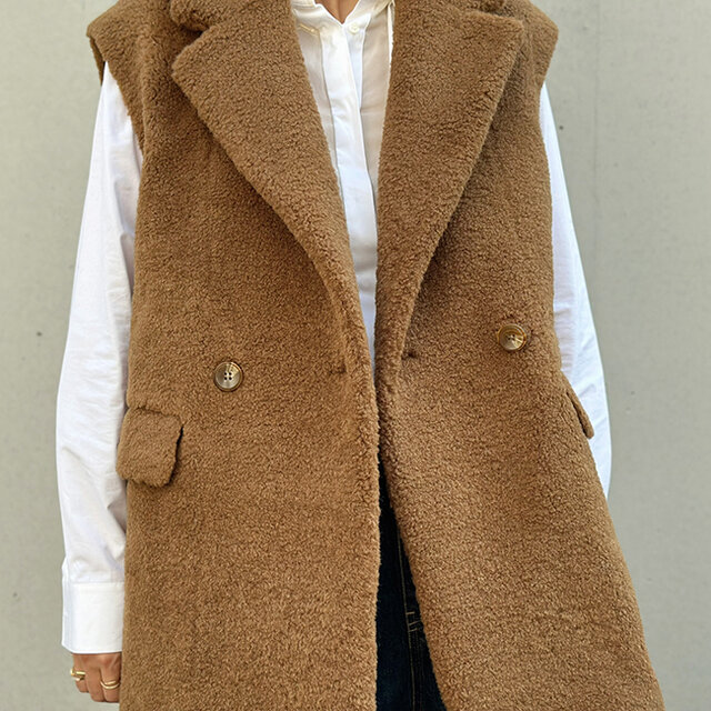 【新作】暖かいモフモフボア ジレ ロングベスト ジャケット ブラウン23024BRF | iichi 日々の暮らしを心地よくするハンドメイドやアンティークのマーケットプレイス