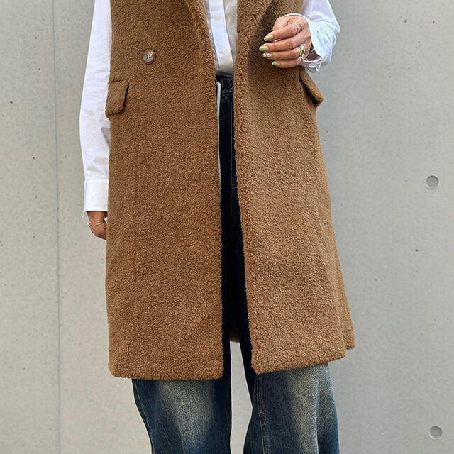 【新作】暖かいモフモフボア ジレ ロングベスト ジャケット ブラウン23024BRF | iichi 日々の暮らしを心地よくするハンドメイドやアンティークのマーケットプレイス