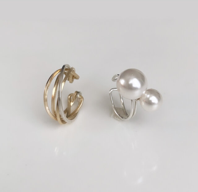 silver filled 14kgf silver925 イヤーカフ2点セット Snow & diagonal 4連 パール | iichi 日々の暮らしを心地よくするハンドメイドや ...