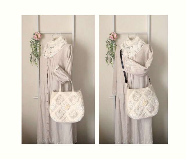 薔薇のクロッシェレース&パッチワークの2wayバッグ ～Rose garden～ | iichi 日々の暮らしを心地よくするハンドメイドやアンティークのマーケットプレイス