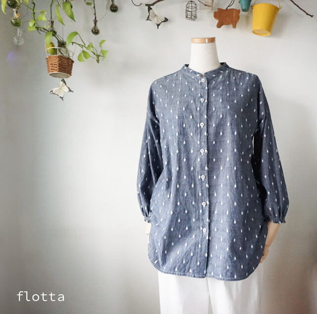 楕円ドット柄台襟長袖ロングブラウス(インディゴダンガリーcol) | iichi 日々の暮らしを心地よくするハンドメイドやアンティークのマーケットプレイス