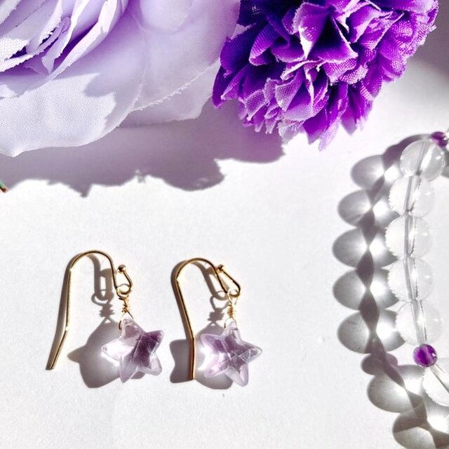 【金属アレルギー対応】星に願いを☆天然アメシスト 18金GP ピアス | iichi 日々の暮らしを心地よくするハンドメイドやアンティークのマーケットプレイス