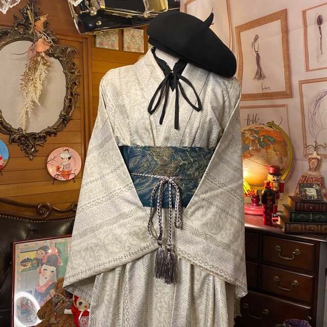 和洋折衷 レトロ 古着 洗える 化繊 着物 和 ハンドメイド リメイク ワンピース ドレス 帯ベルト KW-116 | iichi 日々の暮らしを心地よくするハンドメイドやアンティークの ...