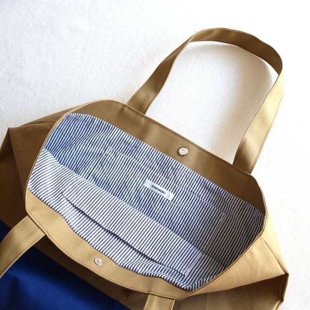 サンプルSALE★アーモンド×ネイビー 倉敷産帆布使用トートXL★限定1点 | iichi 日々の暮らしを心地よくするハンドメイドやアンティークのマーケットプレイス