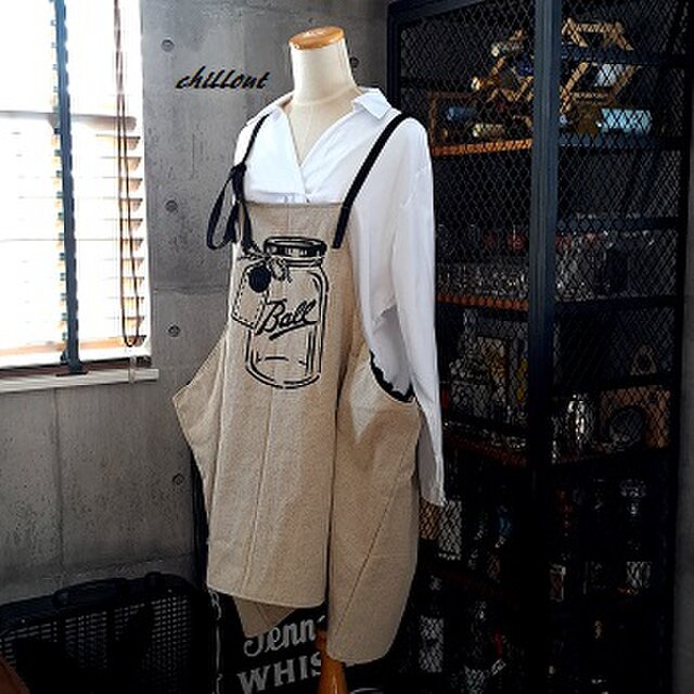 【背中がかわいい】エプロンドレス：リネン：メイソンジャーBall【0625】 | iichi 日々の暮らしを心地よくするハンドメイドやアンティークのマーケットプレイス
