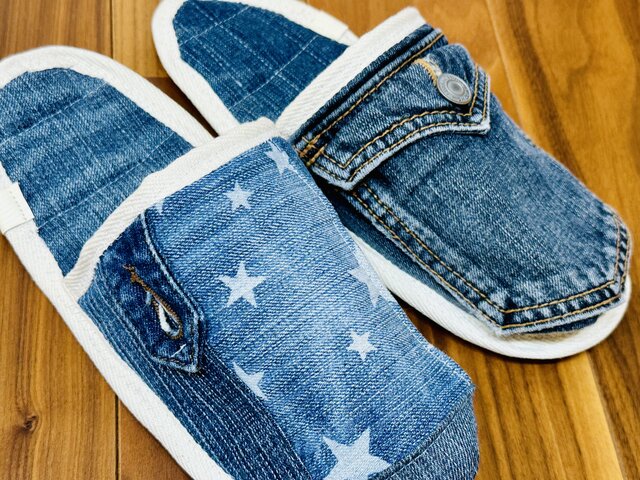 洗濯機丸洗いOK★スリッパ•室内履き★デニムリメイク ルームシューズ | iichi 日々の暮らしを心地よくするハンドメイドやアンティークのマーケットプレイス