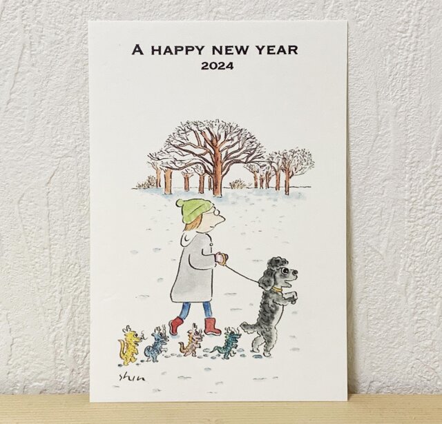 2024年 年賀状 お散歩 5枚SET | iichi 日々の暮らしを心地よくするハンドメイドやアンティークのマーケットプレイス