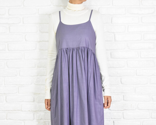 【大きいサイズ】コットン素材のキャミソールギャザーワンピース ジャンパースカート ＜パープル＞ | iichi 日々の暮らしを心地よくするハンドメイドやアンティークのマーケットプレイス
