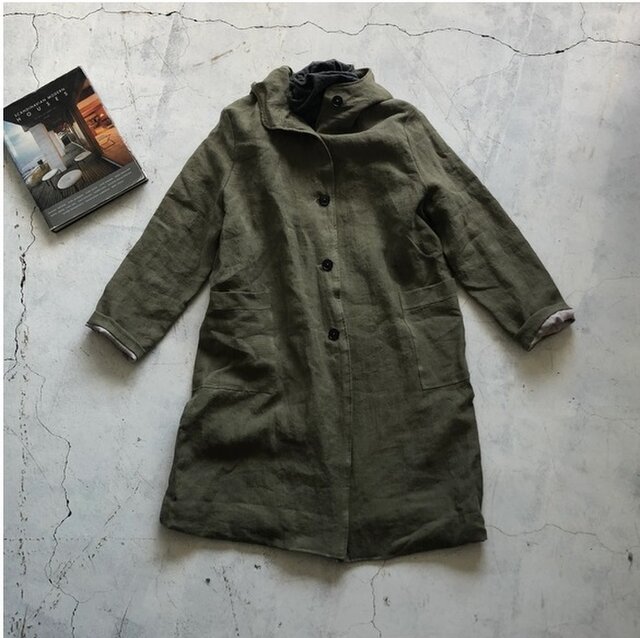 【冬SALE】ベルギーリネンフーテッドコート olive | iichi 日々の暮らしを心地よくするハンドメイドやアンティークのマーケットプレイス