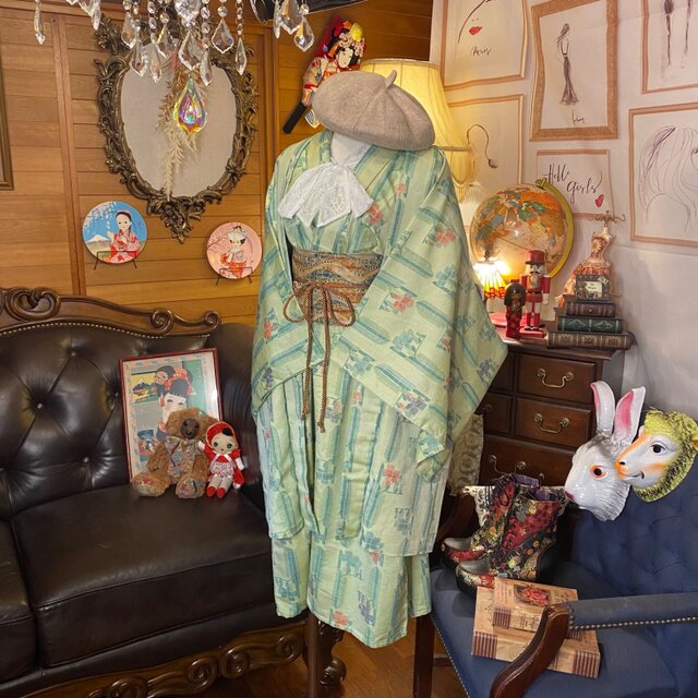 和洋折衷 古着 アンサンブル 着物 和 ハンドメイド リメイク ワンピース ドレス 八寸名古屋帯サッシュベルト aKW-37 | iichi 日々の暮らしを心地よくするハンドメイドや ...