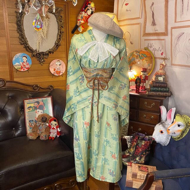 和洋折衷 古着 アンサンブル 着物 和 ハンドメイド リメイク ワンピース ドレス 八寸名古屋帯サッシュベルト aKW-37 | iichi 日々の暮らしを心地よくするハンドメイドや ...