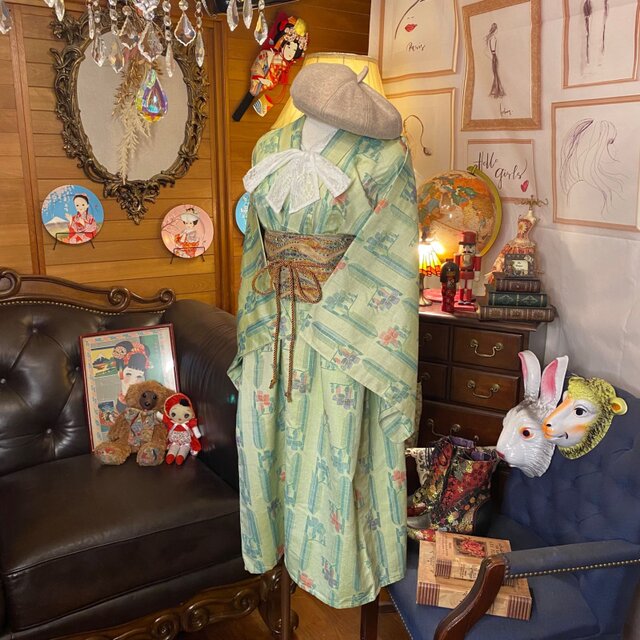 和洋折衷 古着 アンサンブル 着物 和 ハンドメイド リメイク ワンピース ドレス 八寸名古屋帯サッシュベルト aKW-37 | iichi 日々の暮らしを心地よくするハンドメイドや ...