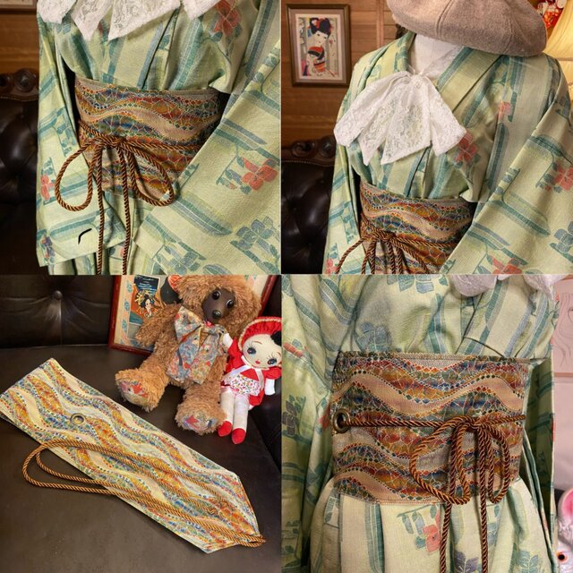 和洋折衷 古着 アンサンブル 着物 和 ハンドメイド リメイク ワンピース ドレス 八寸名古屋帯サッシュベルト aKW-37 | iichi 日々の暮らしを心地よくするハンドメイドや ...