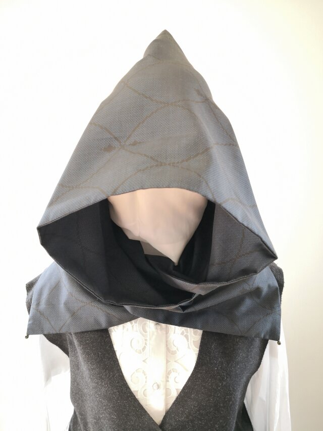 紬ストールフード（藍色立涌文様）03401 | iichi 日々の暮らしを心地よくするハンドメイドやアンティークのマーケットプレイス