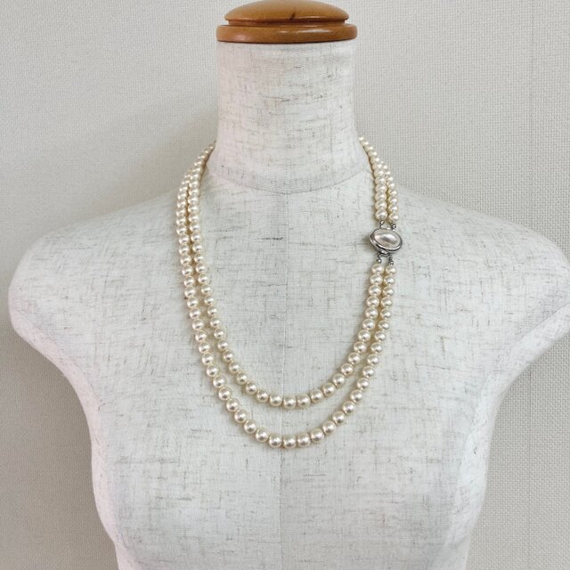 貝パール2連ミディアムネックレス/7mm約55/60cm/ホワイトベージュ/R/made in japan | iichi 日々の暮らしを心地よくするハンドメイドやアンティークのマーケットプレイス