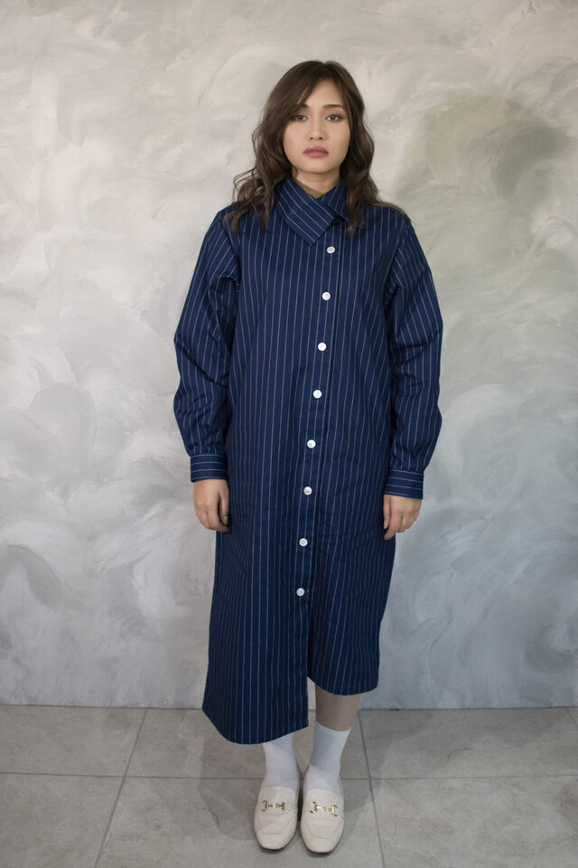 【完全一点物】アシンメトリーワンピース（デニムストライプ） | iichi 日々の暮らしを心地よくするハンドメイドやアンティークのマーケットプレイス