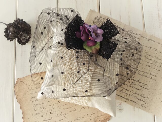 ドール用ベール付きスミレのヘッドドレス（L・ブラック・パープル) | iichi 日々の暮らしを心地よくするハンドメイドやアンティークのマーケットプレイス