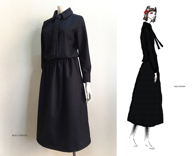 【1点もの・デザイン画付き】インポート格子柄ネイビーウールツイル生地フレアースカート（KOJI TOYODA） | iichi 日々の暮らしを心地よくするハンドメイドやアンティークのマーケットプレイス