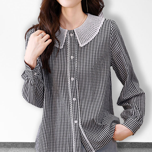 シャツ ブラウス トップス 長袖 レディース 春 チェック柄 刺繍 フリル おしゃれ ゆったり 着回し 体型カバー | iichi 日々の暮らしを心地よくするハンドメイドやアンティークの ...