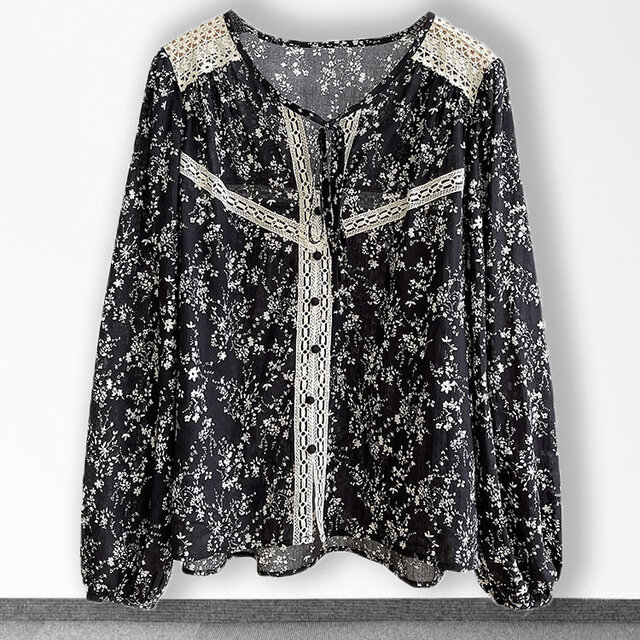 シャツ ブラウス トップス 長袖 ブラック レディース 春 無地 花柄 レース 刺繍 おしゃれ ゆったり 着回し | iichi 日々の暮らしを心地よくするハンドメイドやアンティークの ...