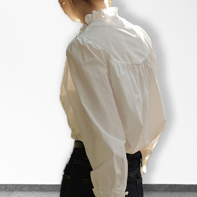シャツ ブラウス トップス 長袖 アイボリー レディース 春 無地 フリル スタンドカラー おしゃれ ゆったり | iichi 日々の暮らしを心地よくするハンドメイドやアンティークのマーケットプレイス
