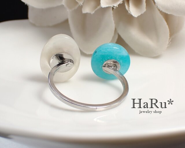 サージカルステンレスフォークリング（ホワイトシェル×アマゾナイトAAA）／フリーサイズ*R42 | iichi 日々の暮らしを心地よくするハンドメイドやアンティークのマーケットプレイス