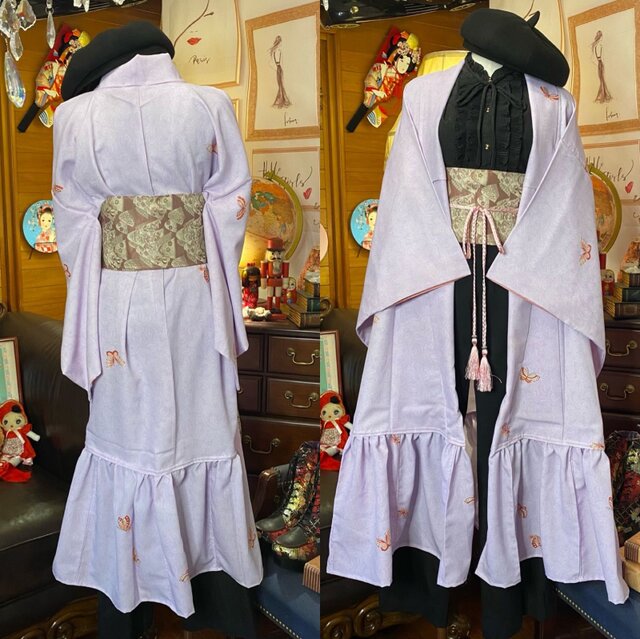 和洋折衷 レトロ 古着 洗える 着物 化繊 和 ハンドメイド 2way リメイク ガウン 羽織り ドレス ワンピース KD-32 | iichi 日々の暮らしを心地よくするハンドメイドや ...