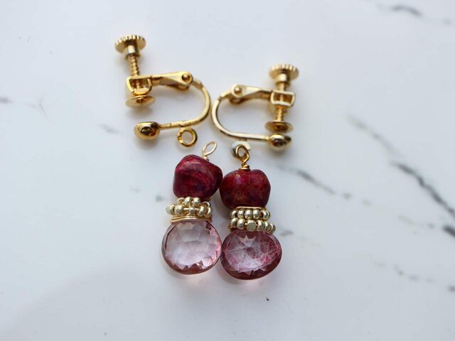 桜＊ピンクミスティッククォーツ＊マロンカット＊イヤリング＊no.704 | iichi 日々の暮らしを心地よくするハンドメイドやアンティークのマーケットプレイス