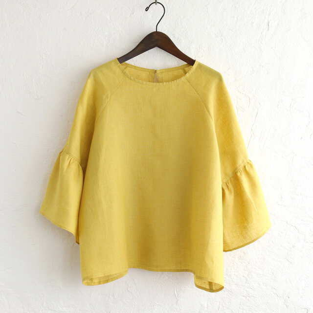 《Sale》リネン フレアスリーブ プルオーバーブラウス 七分袖 （イエロー）TP35 | iichi 日々の暮らしを心地よくするハンドメイドやアンティークのマーケットプレイス