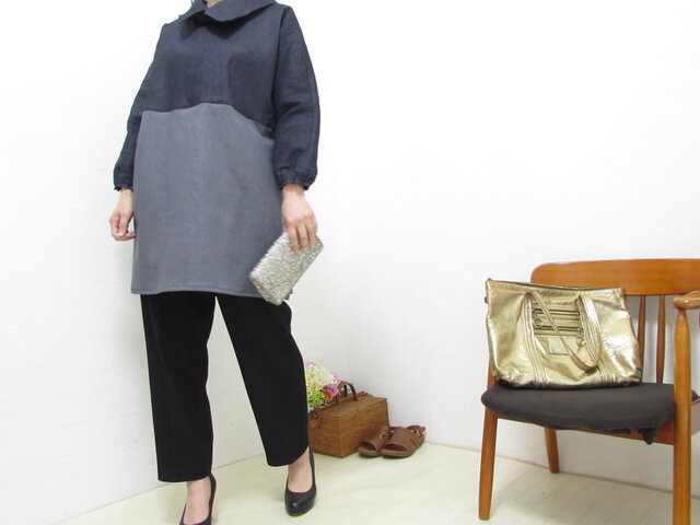 2792おしゃれな衿つきデニムのブラウス コットン ネイビーグレー | iichi 日々の暮らしを心地よくするハンドメイドやアンティークのマーケットプレイス