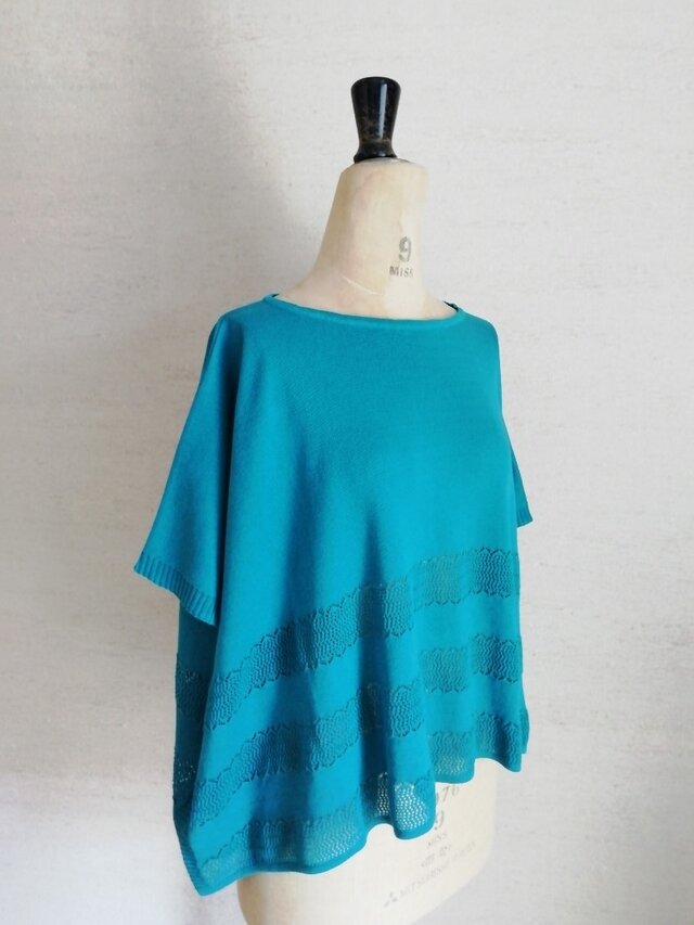 【新色】通気性 オーガニックコットン♡レーシー透かしポンチョプルオーバー (01079) ブルーラグーン | iichi 日々の暮らしを心地よくするハンドメイドやアンティークのマーケットプレイス