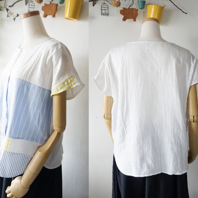 爽やかパッチワークなフレンチスリーブブラウスB(サックスMix) | iichi 日々の暮らしを心地よくするハンドメイドやアンティークのマーケットプレイス