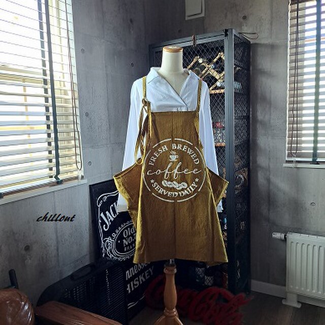 【背中がかわいい】エプロン：マスタード：Coffee：リネン【0705】 | iichi 日々の暮らしを心地よくするハンドメイドやアンティークのマーケットプレイス