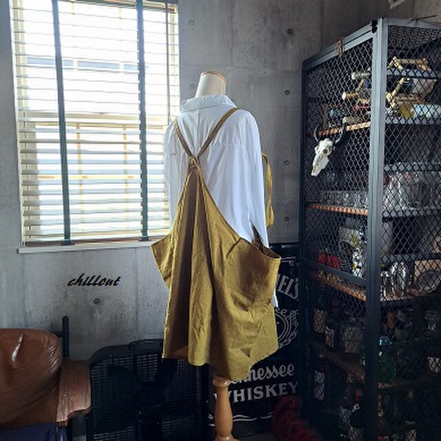 【背中がかわいい】エプロン：マスタード：Coffee：リネン【0705】 | iichi 日々の暮らしを心地よくするハンドメイドやアンティークのマーケットプレイス