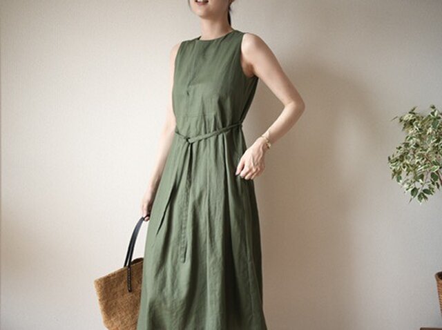 コットンリネンのサマーワンピース・カーキ No.302 | iichi 日々の暮らしを心地よくするハンドメイドやアンティークのマーケットプレイス