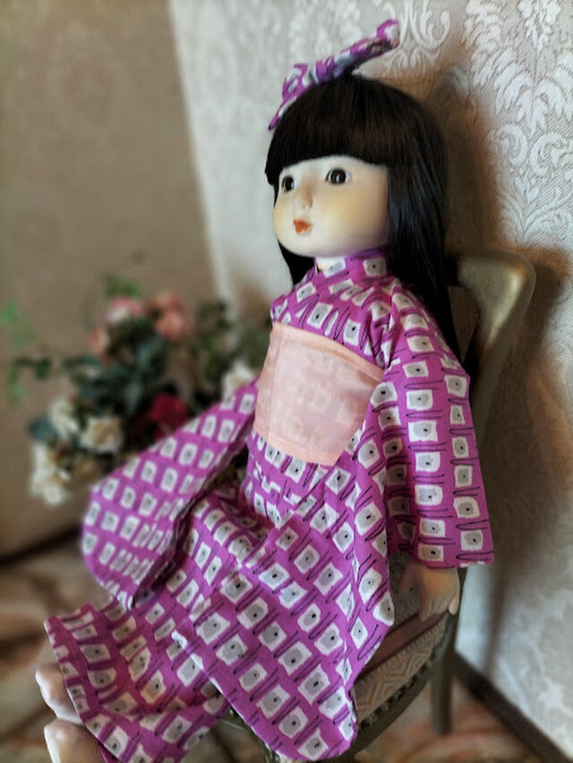 ドール背丈が42～45cm用 浴衣（淡い系 兵児帯 ピンク紫） | iichi 日々の暮らしを心地よくするハンドメイドやアンティークのマーケットプレイス